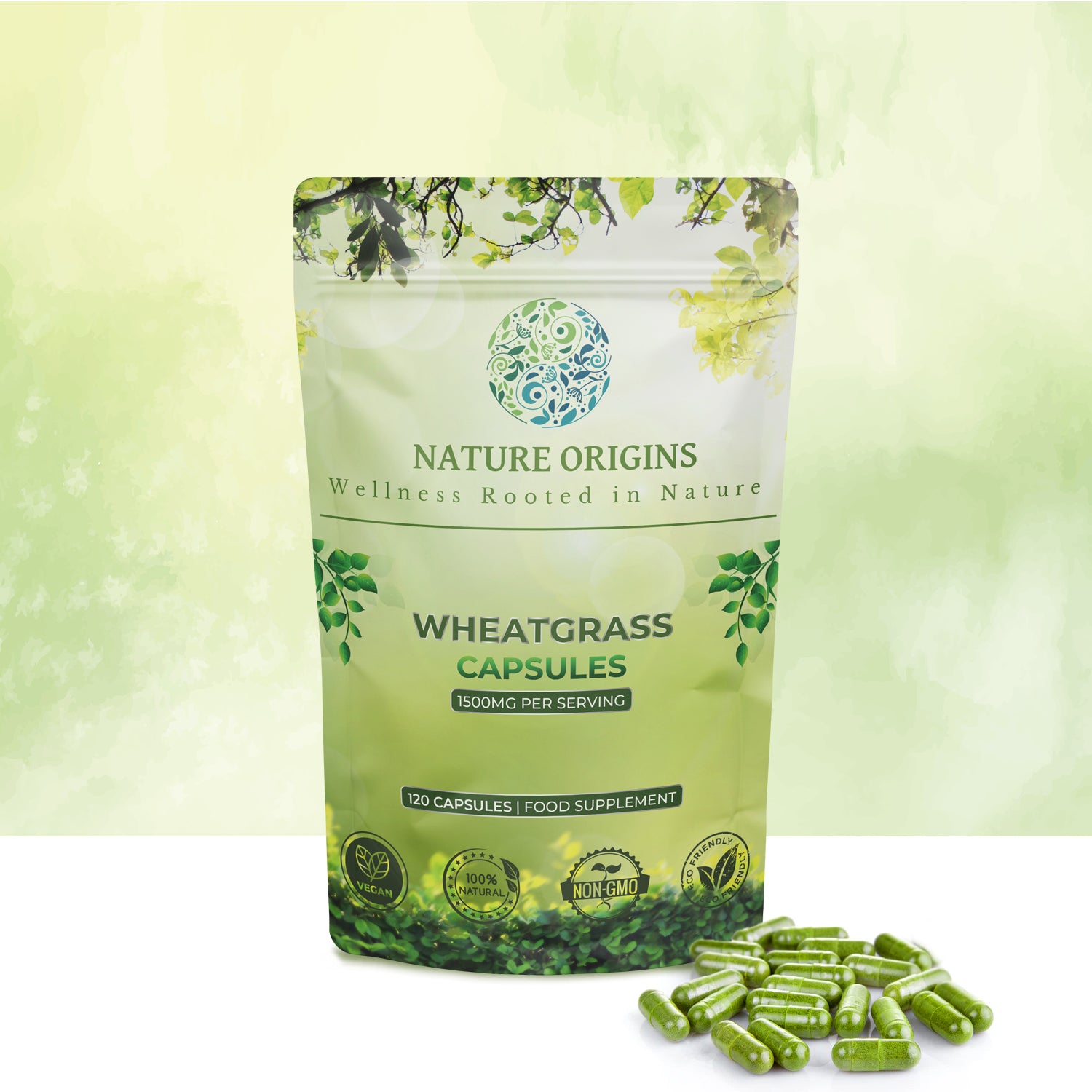 Wheatgrass Capsules – Detox & Immune Support | 1500mg per Serving | 12